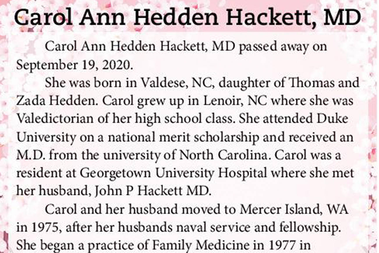 Carol Ann Hedden Hackett, MD | Obituary | Mercer Island Reporter
