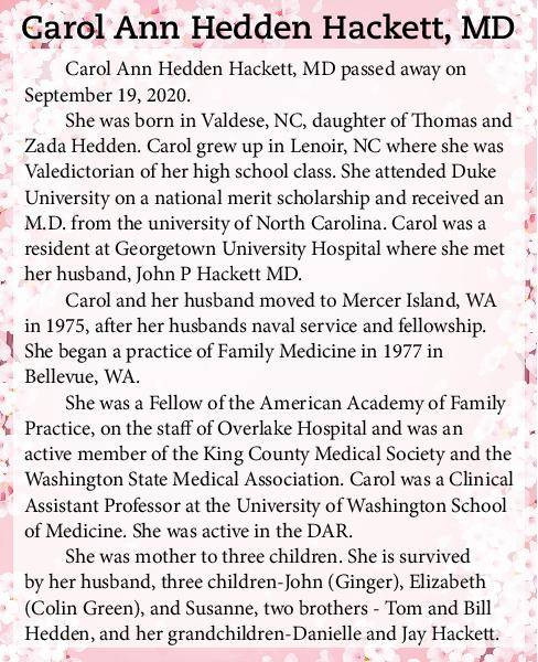 Carol Ann Hedden Hackett, MD | Obituary | Mercer Island Reporter