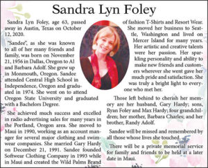 Sandra Lyn Foley | Obituary | Mercer Island Reporter
