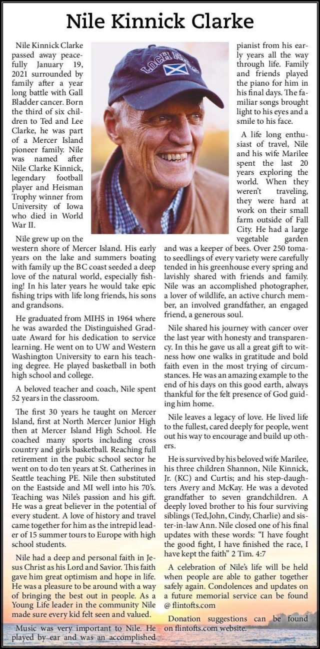Nile Kinnick Clarke | Obituary | Mercer Island Reporter