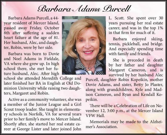Barbara Adams Purcell | Obituary | Mercer Island Reporter