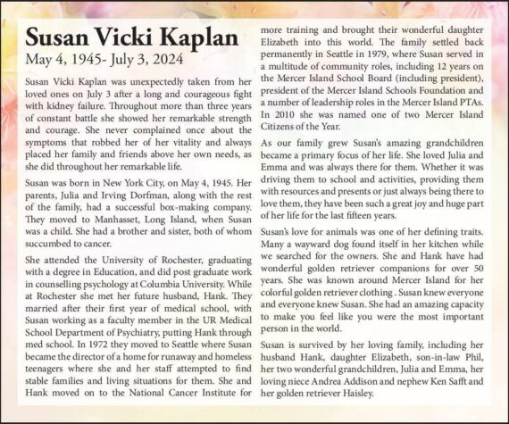 Susan Vicki Kaplan | Obituary | Mercer Island Reporter