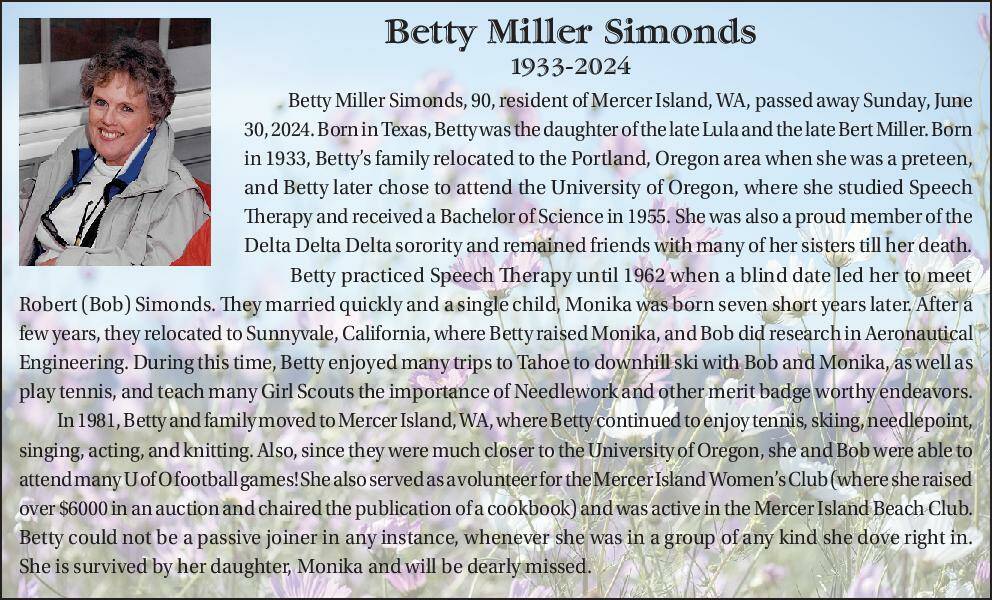Betty Miller Simonds | Obituary | Mercer Island Reporter