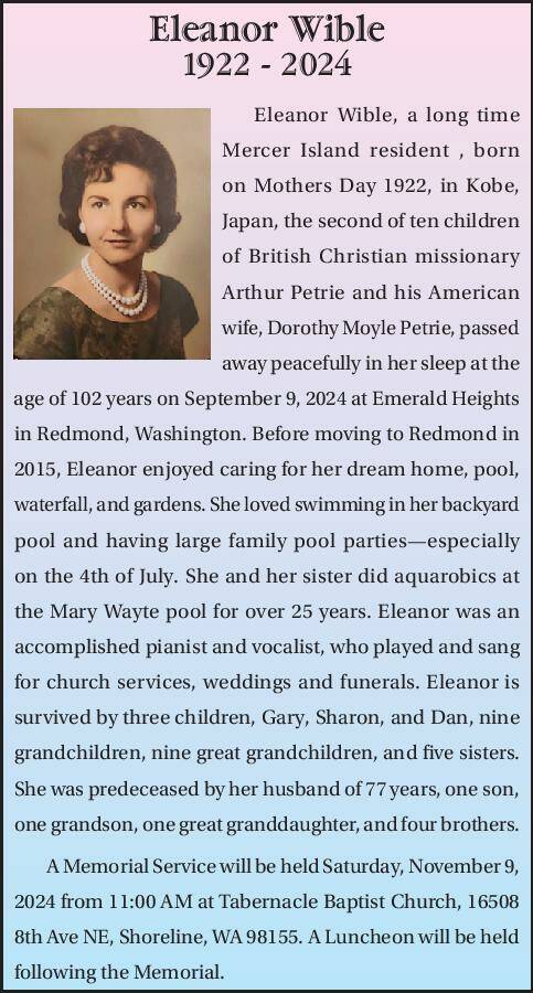 Eleanor Wible | Obituary | Mercer Island Reporter Eleanor Wible | Obituary | Mercer Island Reporter