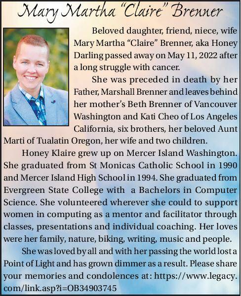 Mary Martha “Claire” Brenner | Obituary | Mercer Island Reporter