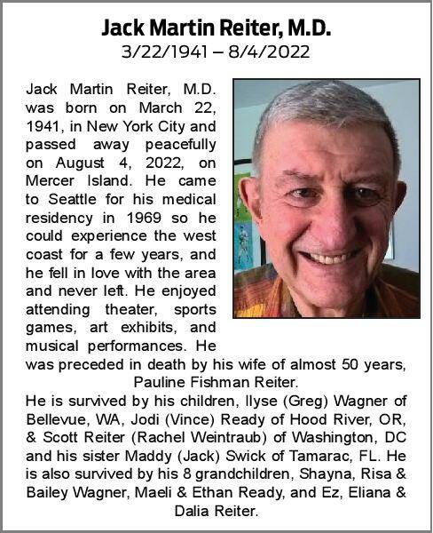 Jack Martin Reiter, M.D. | Obituary | Mercer Island Reporter