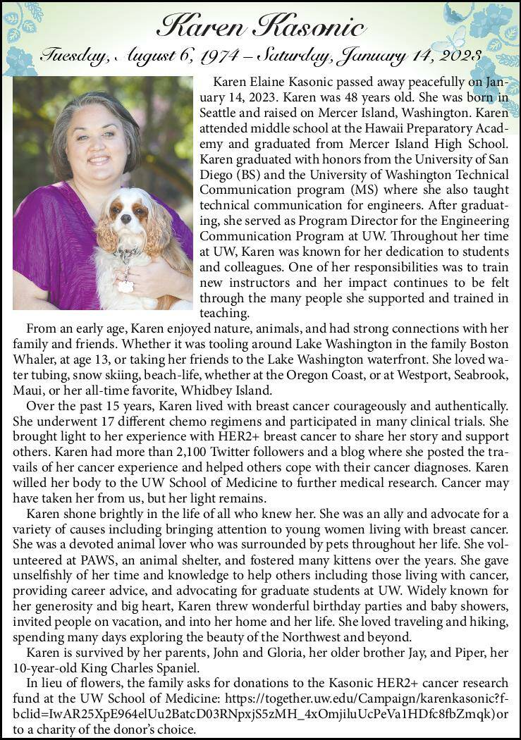 Karen Kasonic | Obituary | Mercer Island Reporter