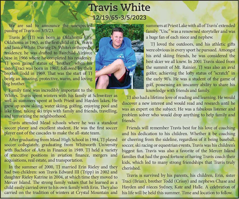 Travis White | Obituary | Mercer Island Reporter