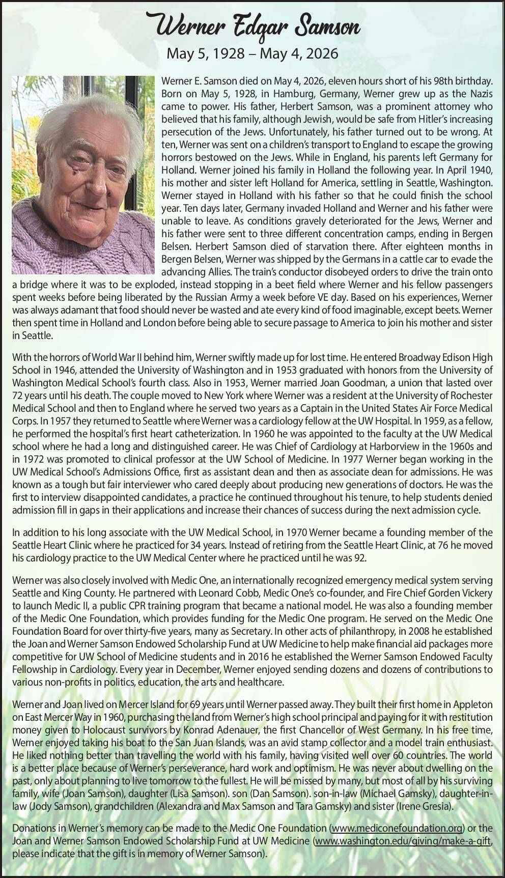 Werner Samson | Obit | Mercer Island Reporter